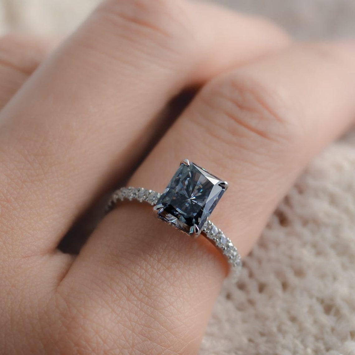 3 CT Grey Radiant Cut Moissanite Ring: 14K White Gold Halo Bridal Set ...