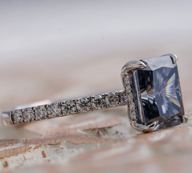 3 CT Grey Radiant Cut Moissanite Ring: 14K White Gold Halo Bridal Set ...