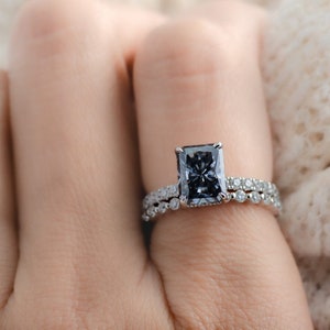 3 CT Grey Radiant Cut Moissanite Ring: 14K White Gold Halo Bridal Set ...