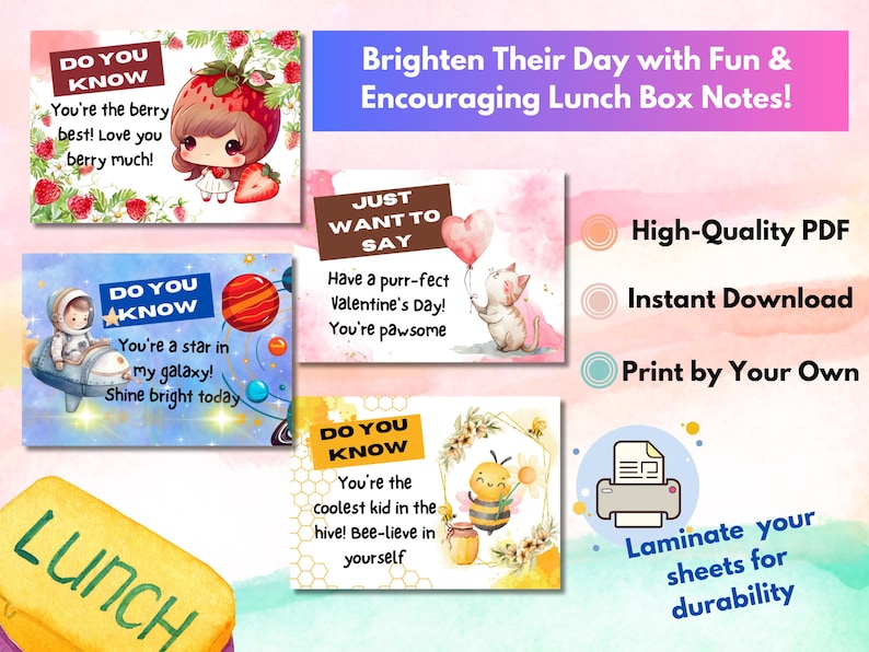 Lunch Notes for Girls Lunch Box Notes for Kids Positive Affirmation ...