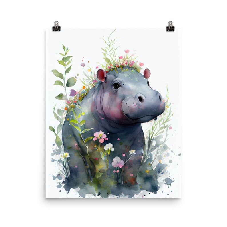 Cute Baby Hippo Watercolor Print Baby Nursery Wall Art Home Decor Gift ...