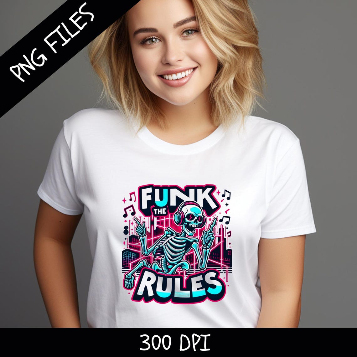 Funk the Rules Neon Retro Skeleton Rockstar PNG Unisex T-shirt Designs ...