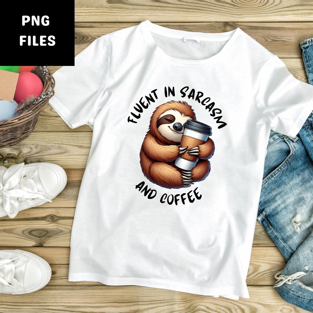 Cuddly Coffee Sloth PNG, Women's "fluent in Sarcasm and Coffee" T-shirt ...