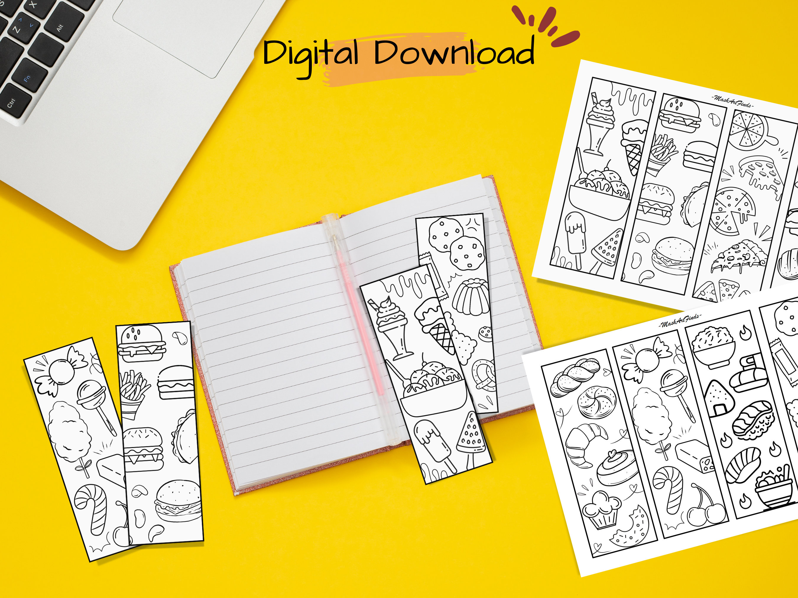 Set of 8 Coloring Bookmarks With Food Drawings, Instant Food Coloring ...