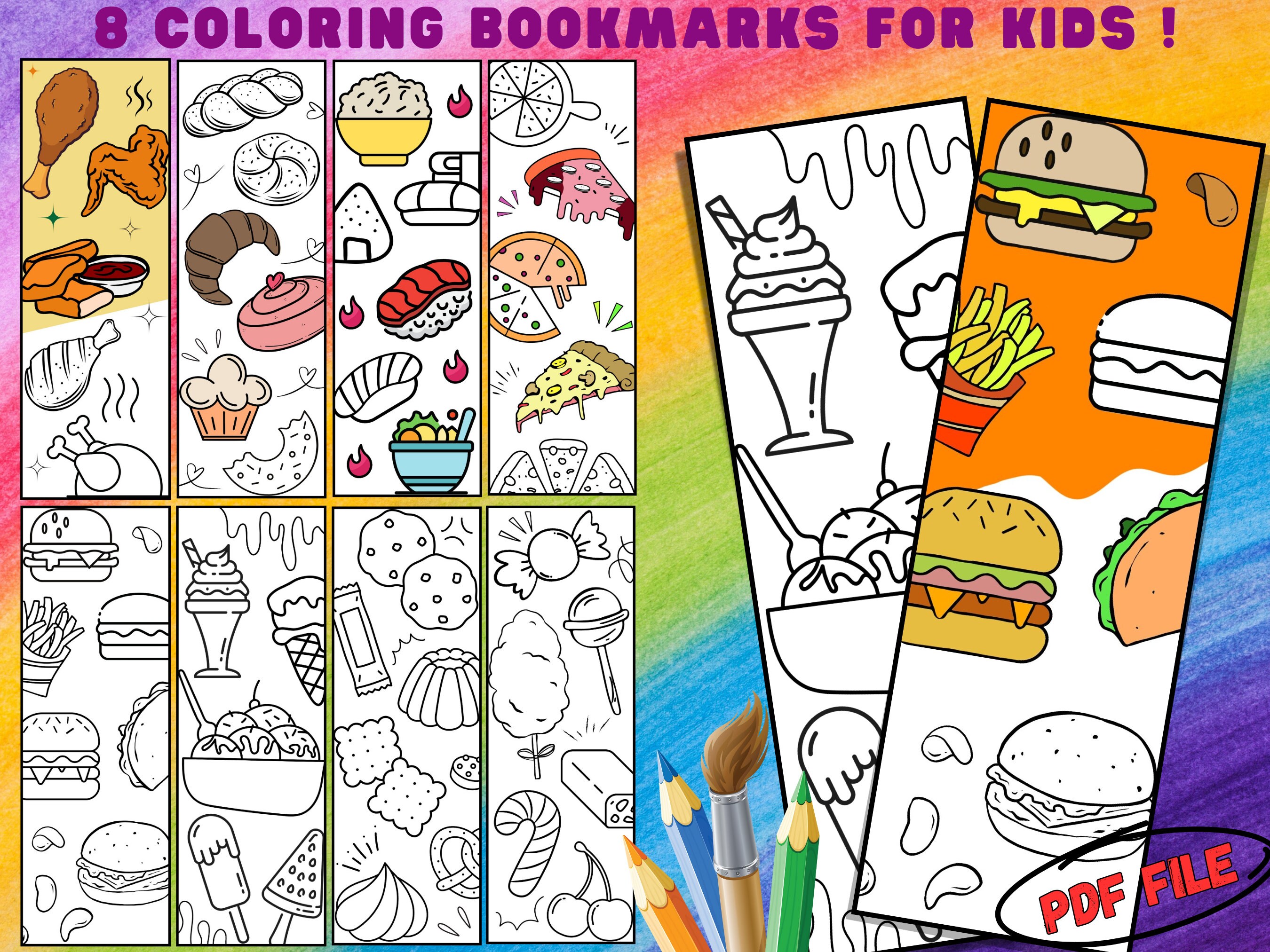 Set of 8 Coloring Bookmarks With Food Drawings, Instant Food Coloring ...