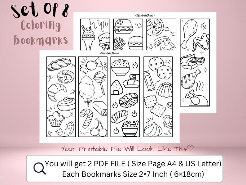 Set of 8 Coloring Bookmarks With Food Drawings, Instant Food Coloring ...