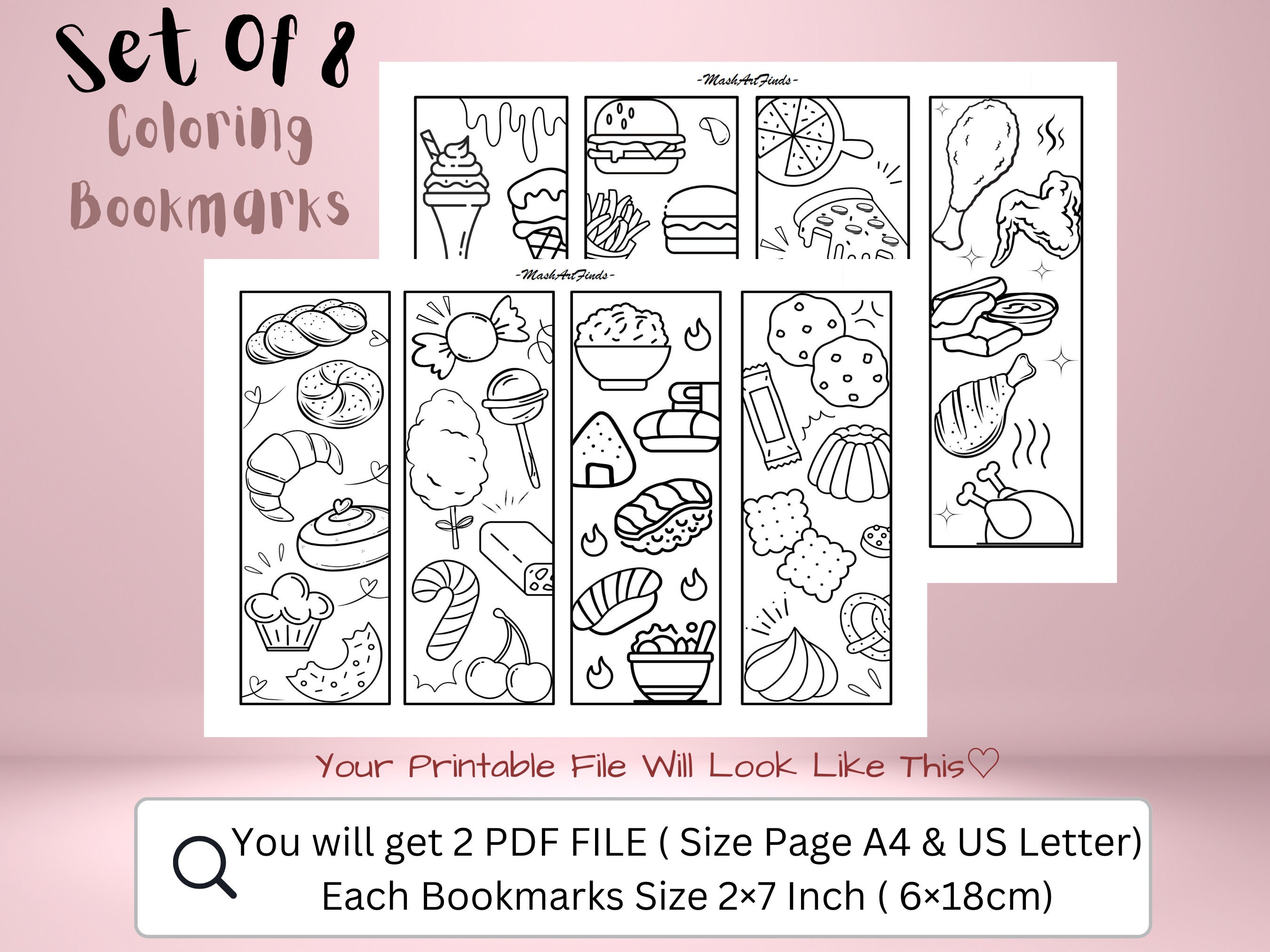 Set of 8 Coloring Bookmarks With Food Drawings, Instant Food Coloring ...