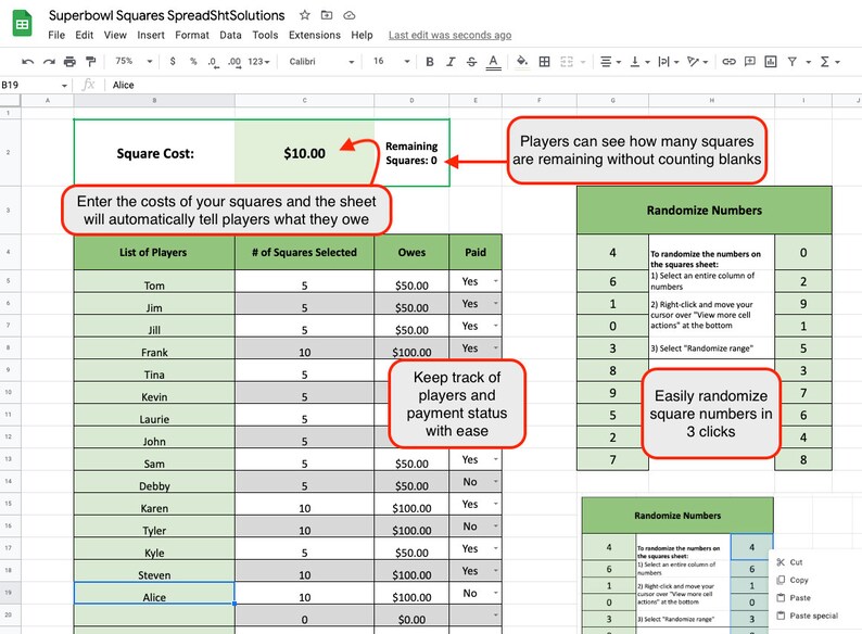 The Ultimate Superbowl Squares Template for Google Sheets - Etsy