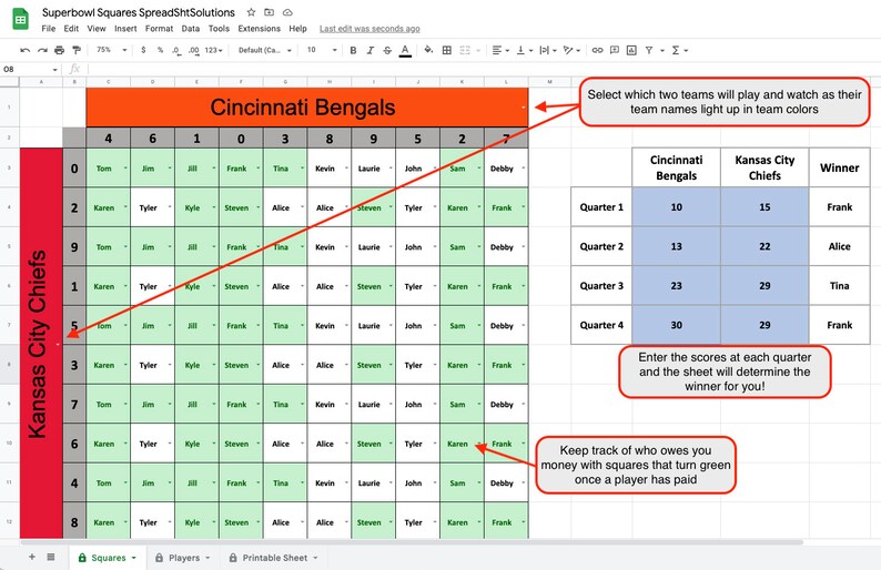 The Ultimate Superbowl Squares Template for Google Sheets - Etsy