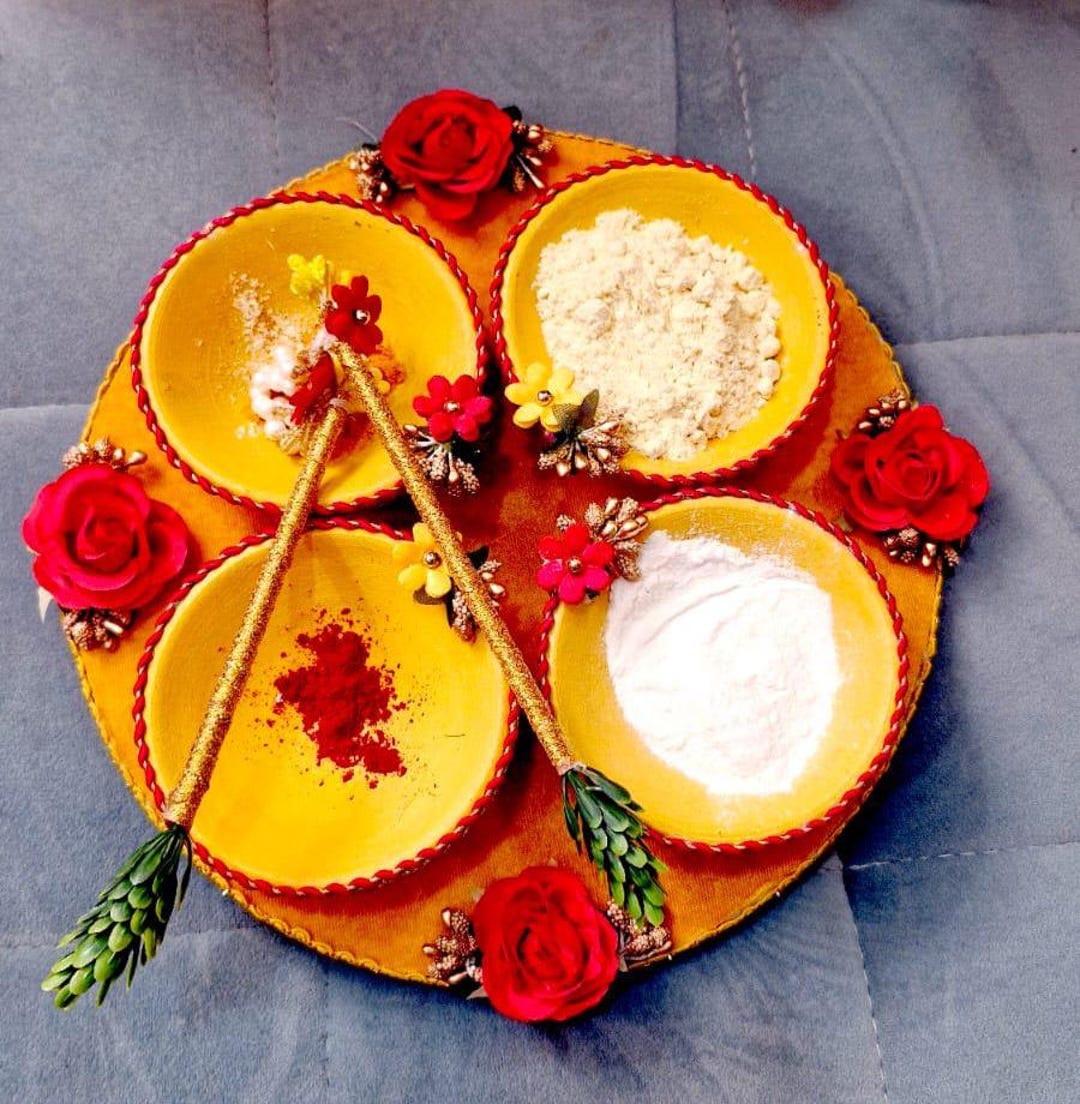 Tel Baan Platter for Haldi Thali Decor for Indian Wedding Ritual ...