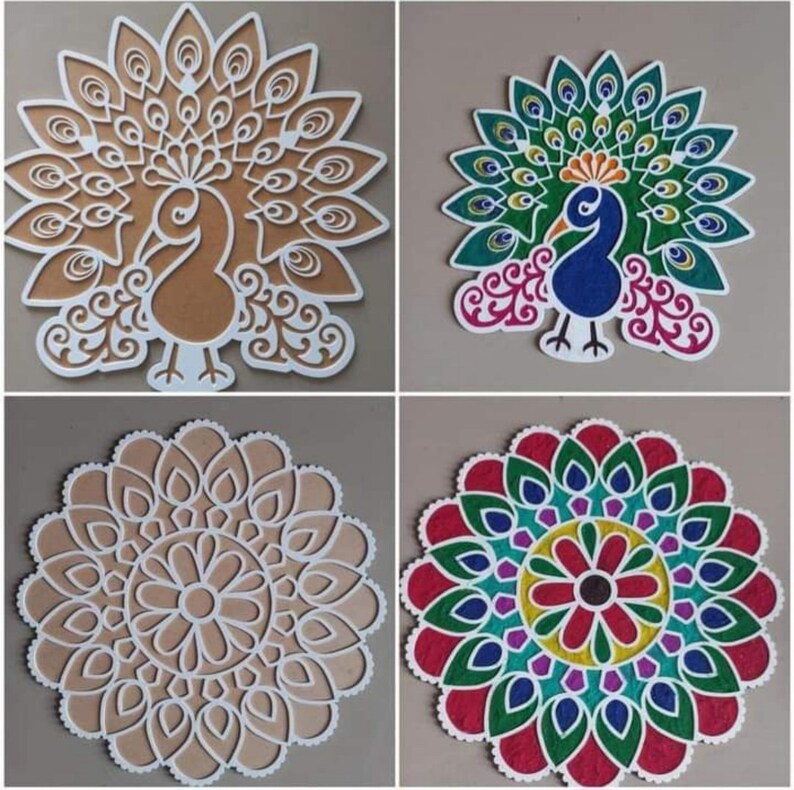 Set of 2 Resuable Rangoli Template Mat With Wooden Base /mdf Rangoli ...