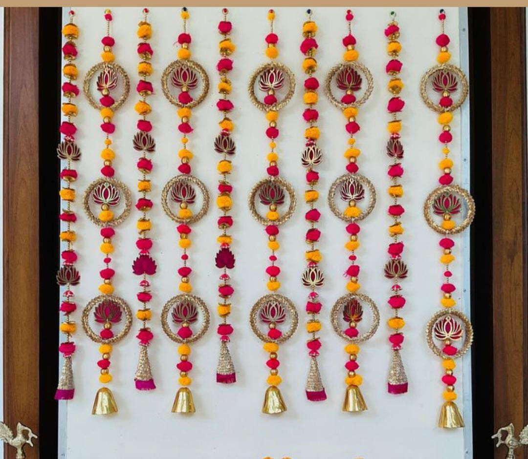 Set of 10 Decorative Hanging .lotus and Pompom Hanging With Bells.for ...