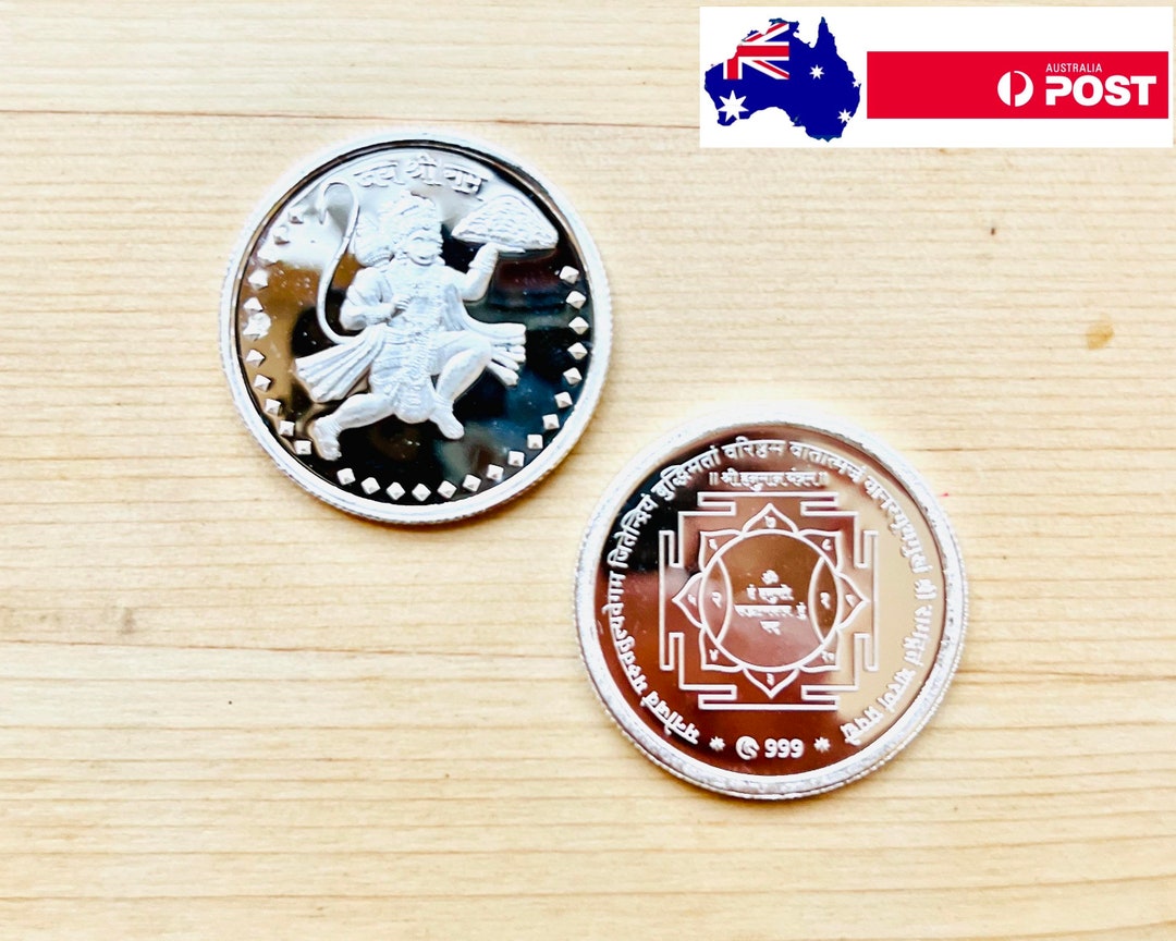 10 Gram 999 Silver Coin With Hanuman and Hanuman Yantra 32mm/1.25 - Etsy