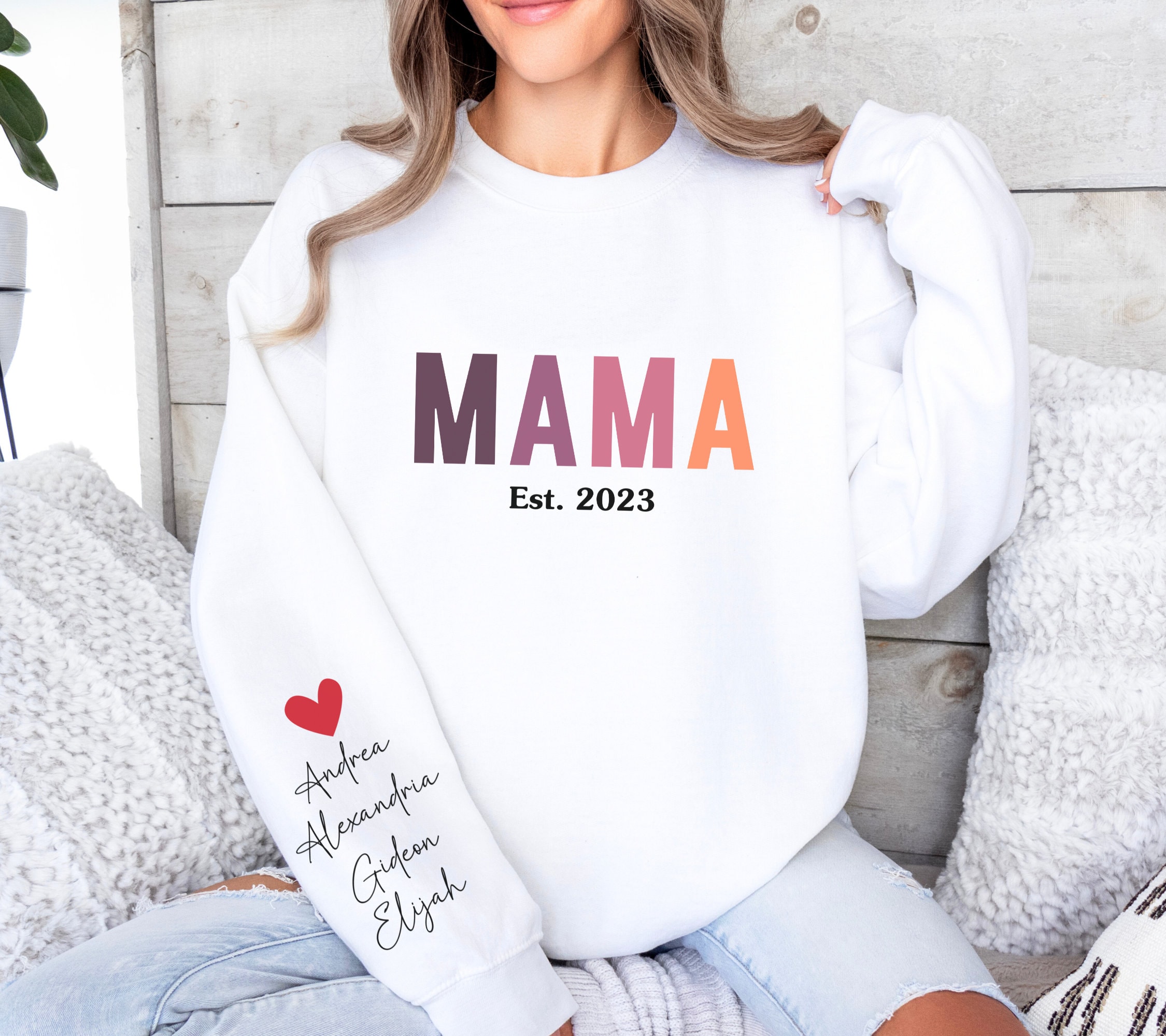 Custom Mama Est Sweatshirt With Kids Names on Sleeve, Personalized Mom ...