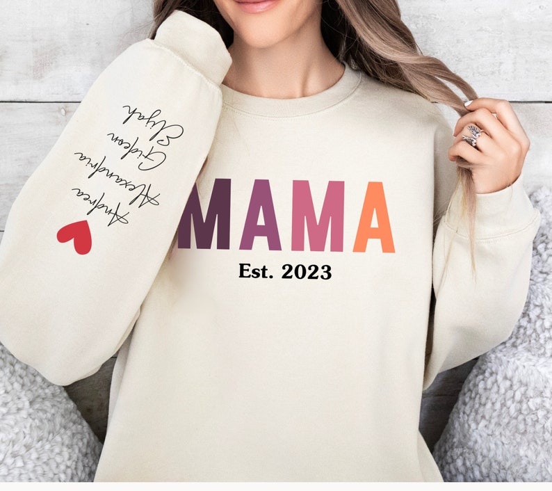 Custom Mama Est Sweatshirt With Kids Names on Sleeve, Personalized Mom ...