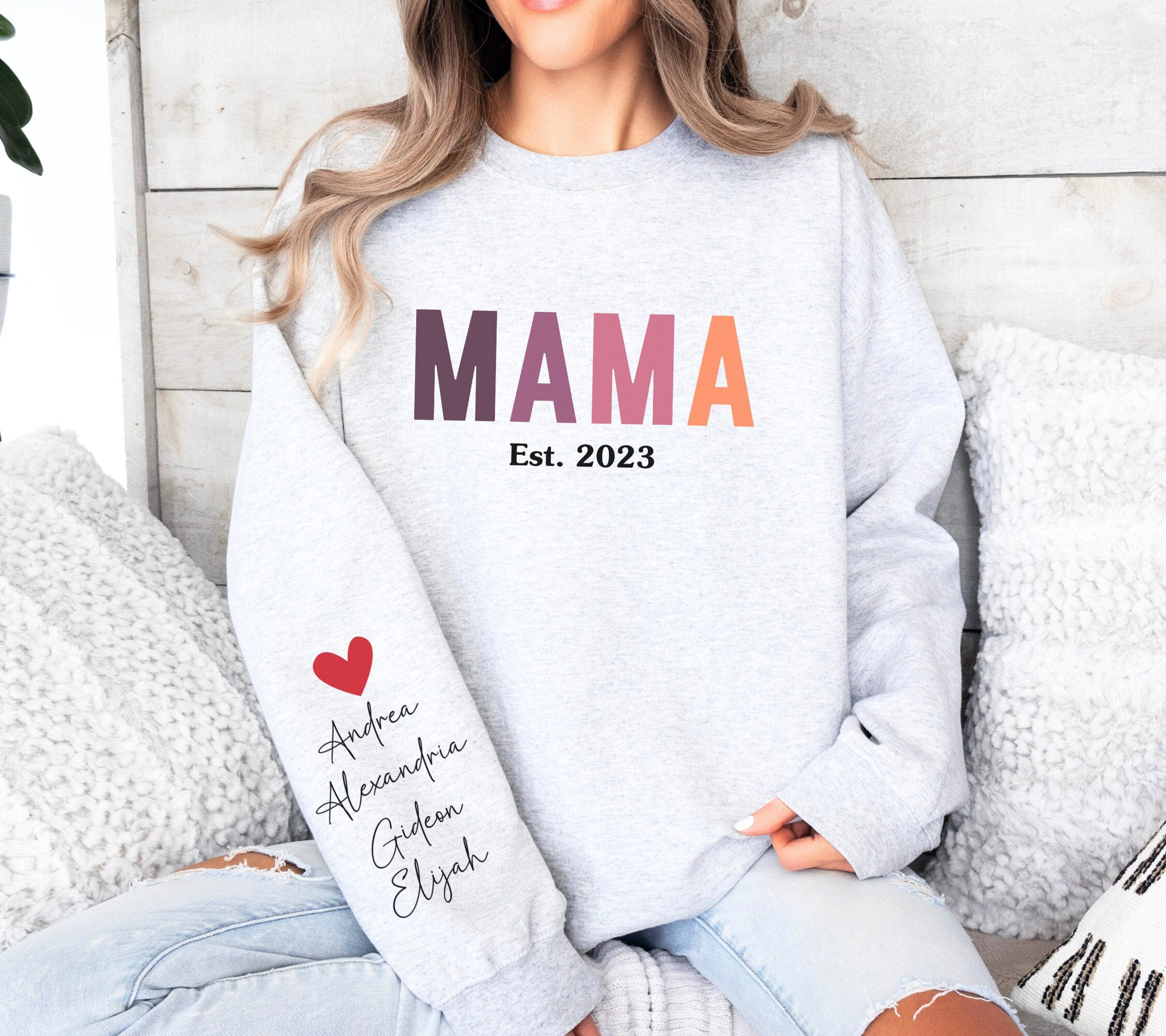 Custom Mama Est Sweatshirt With Kids Names on Sleeve, Personalized Mom ...