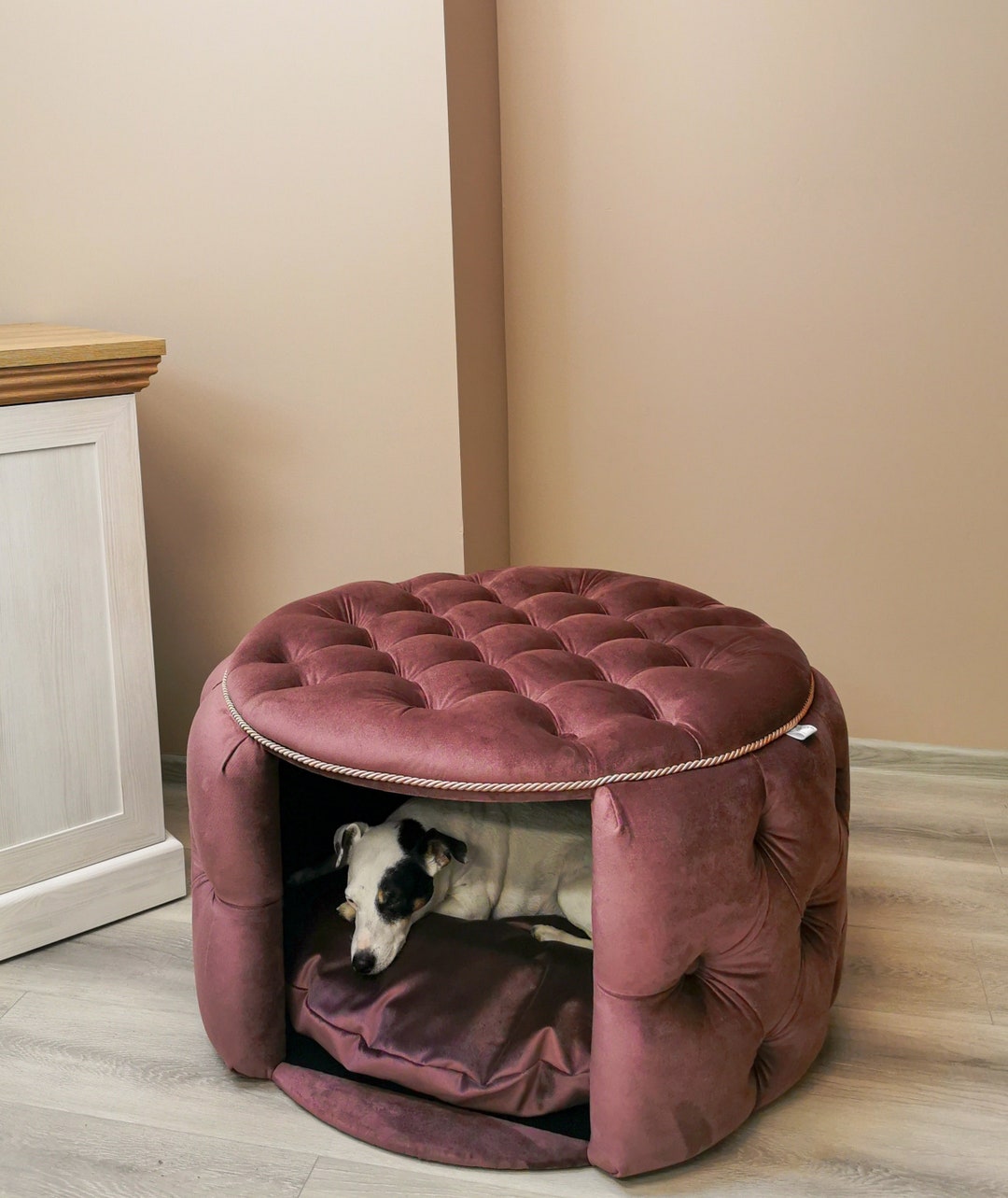 Chesterfield Dog Bed Pouf Large Dog House Ottoman Velour Pouffe ...