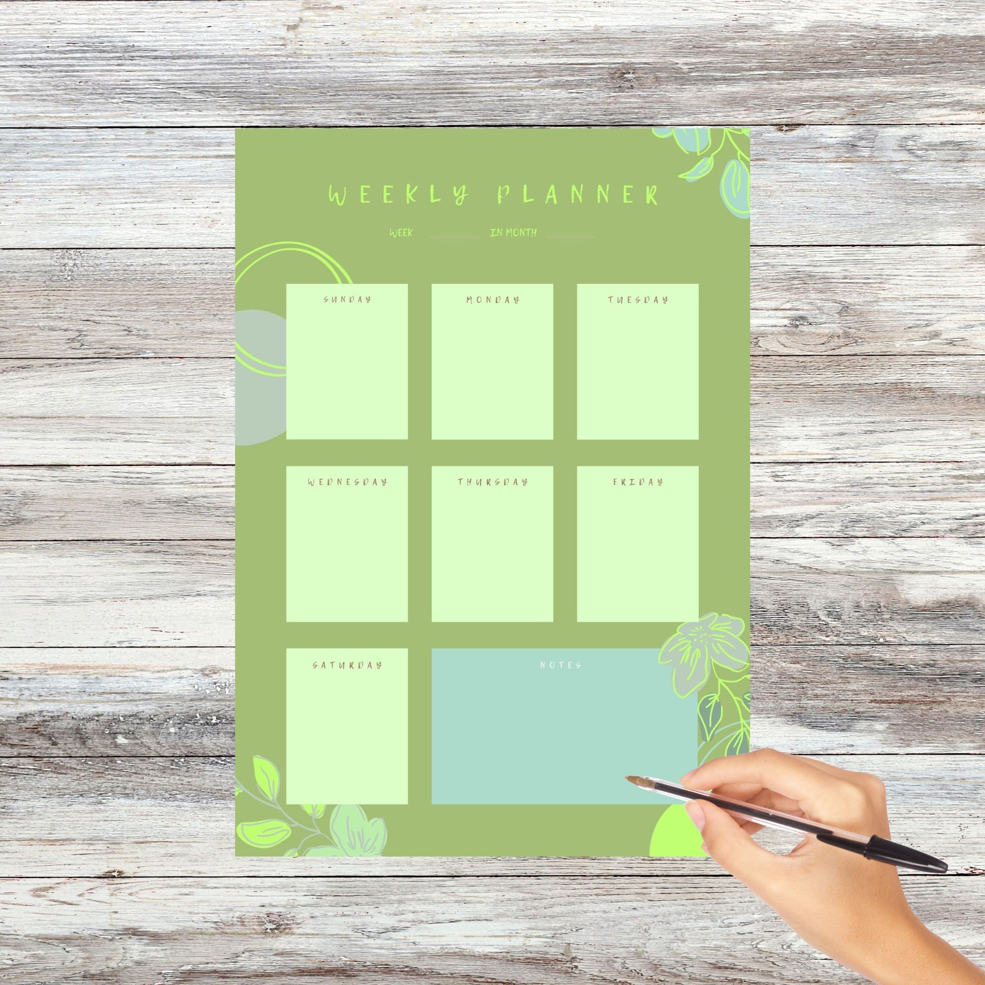 Weekly Planner Printable Schedule Flower Theme Green Pdf Daily Chart ...