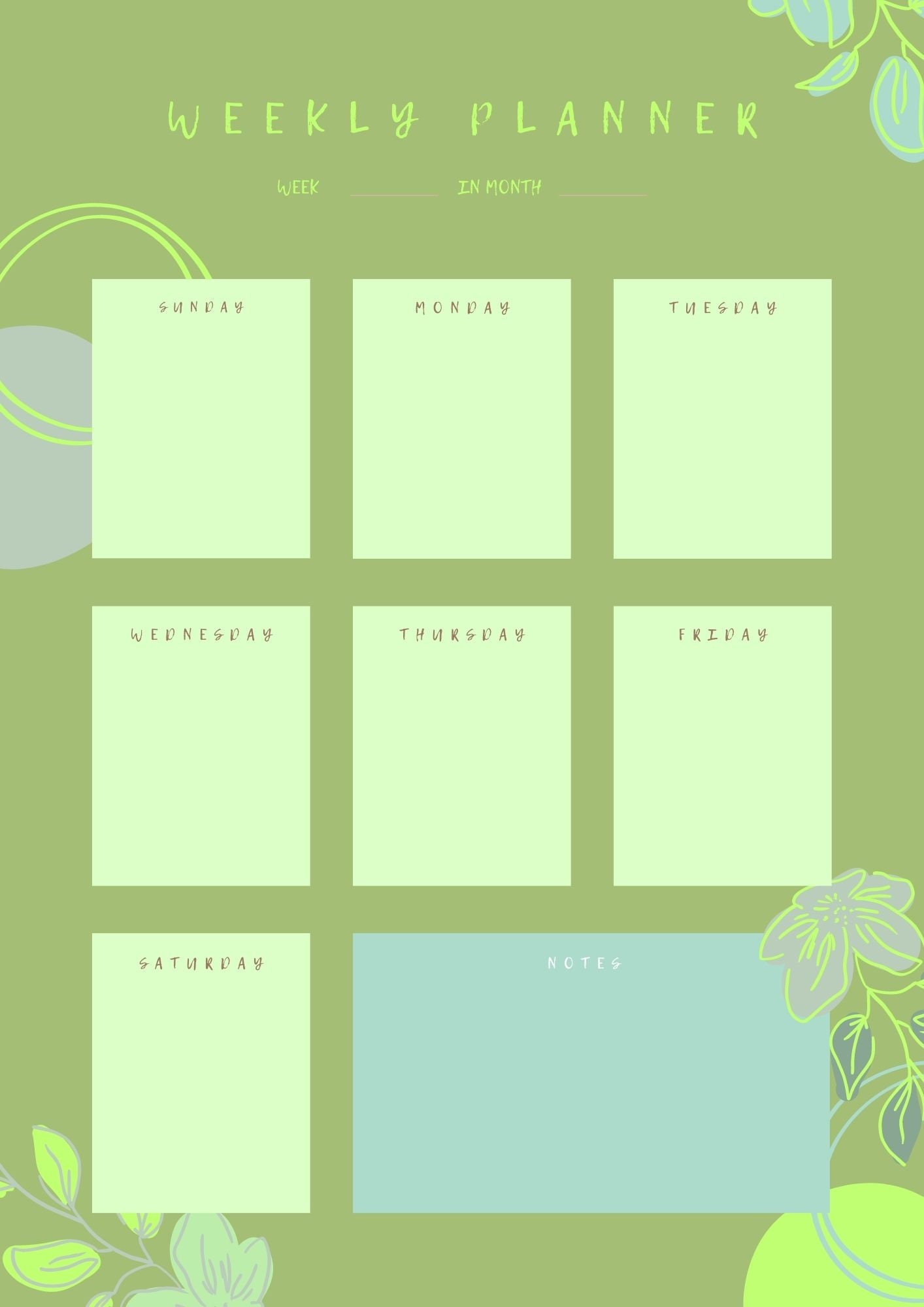 Weekly Planner Printable Schedule Flower Theme Green Pdf Daily Chart ...