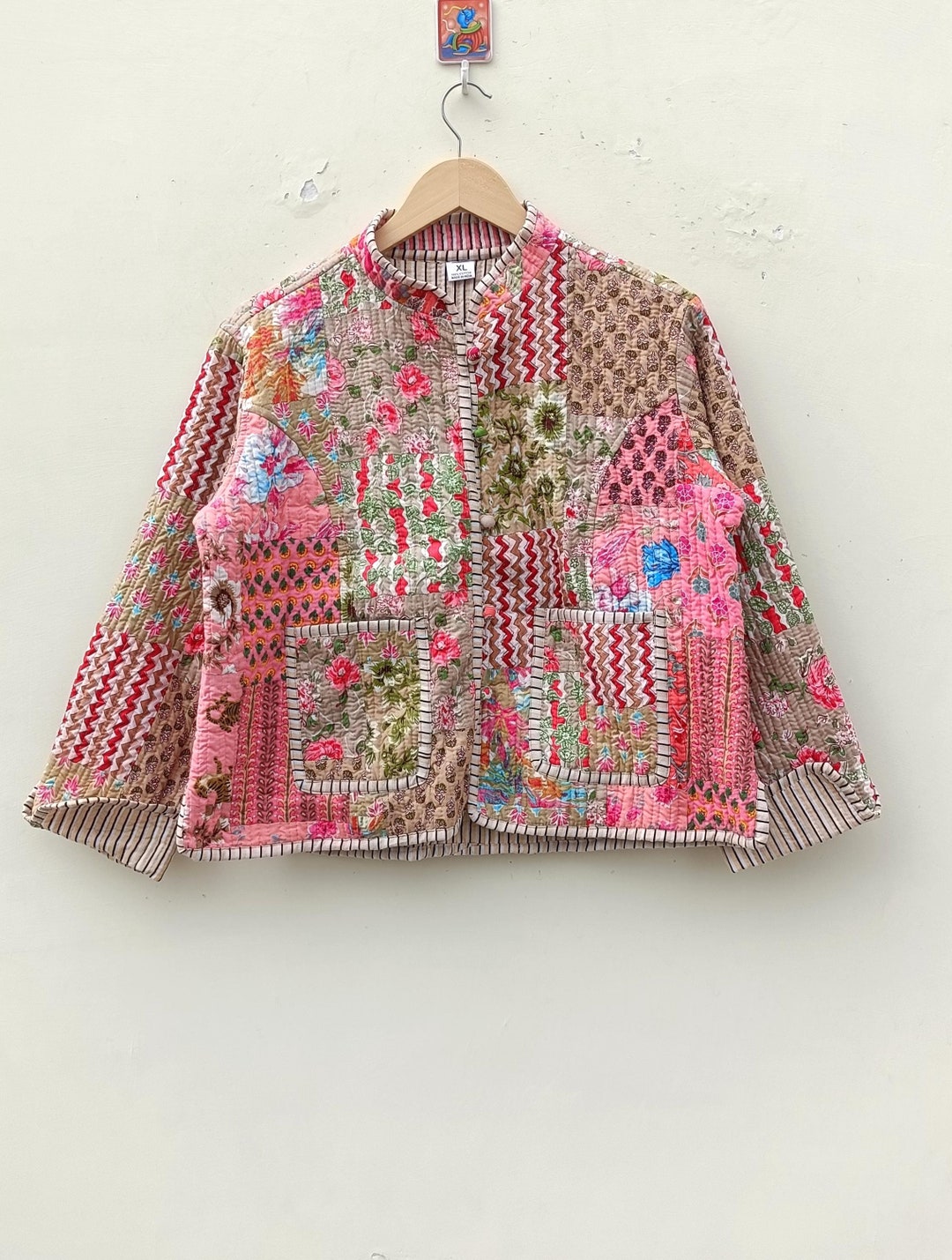 Beige Color Patchwork Jacket, Quilted Reversible Jacket for Women ...