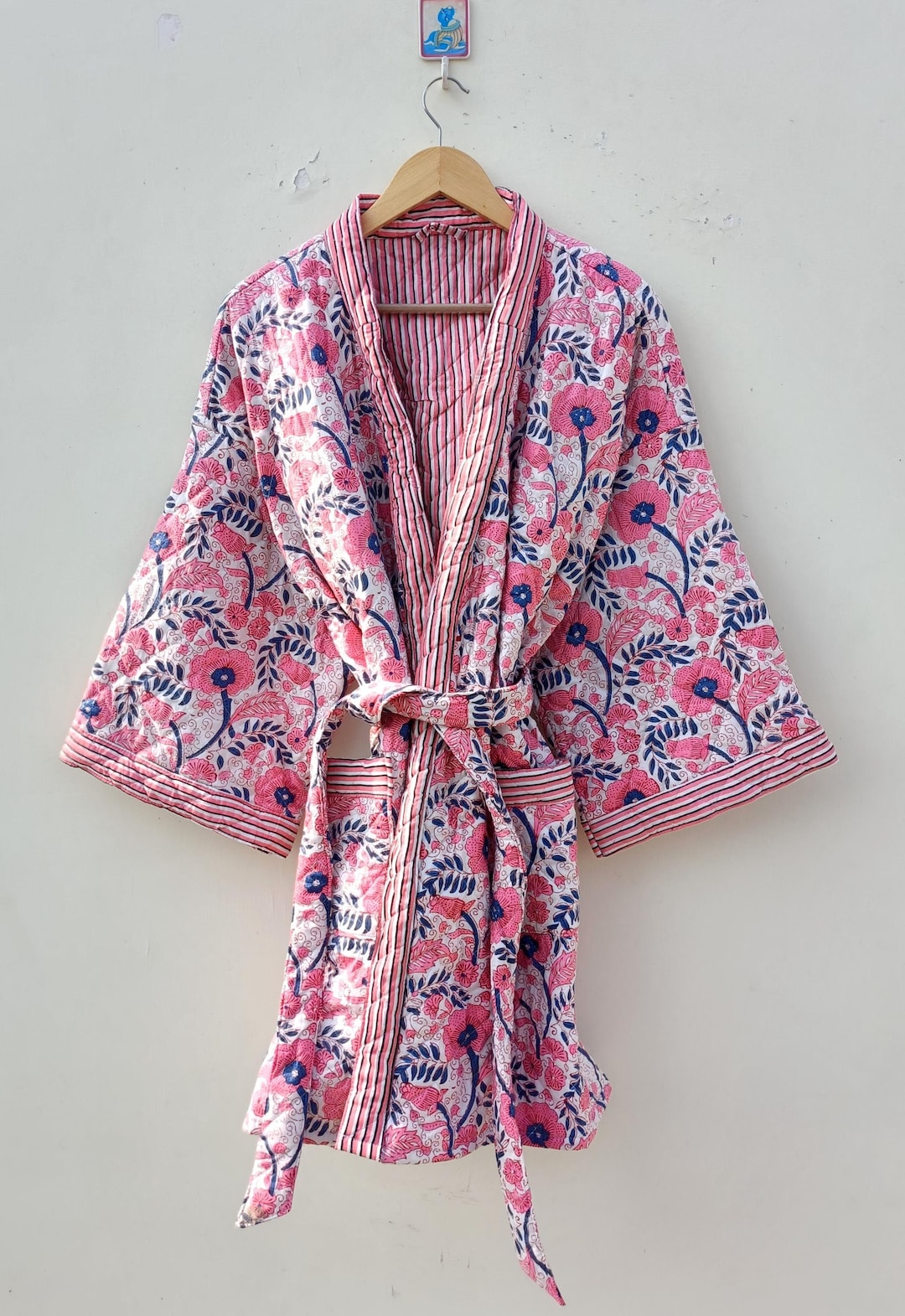 Handmade Quilted Cotton Kimono Robe: Floral Block Print Reversible Gown ...