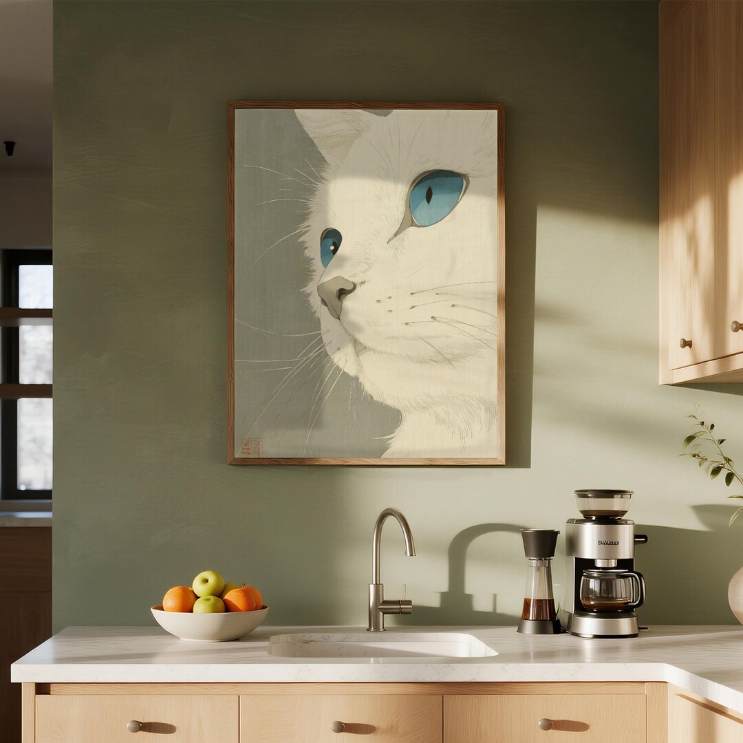 Azure Gaze Feline: White Cat Wall Art, Blue Eyed Pet Print, Serene ...