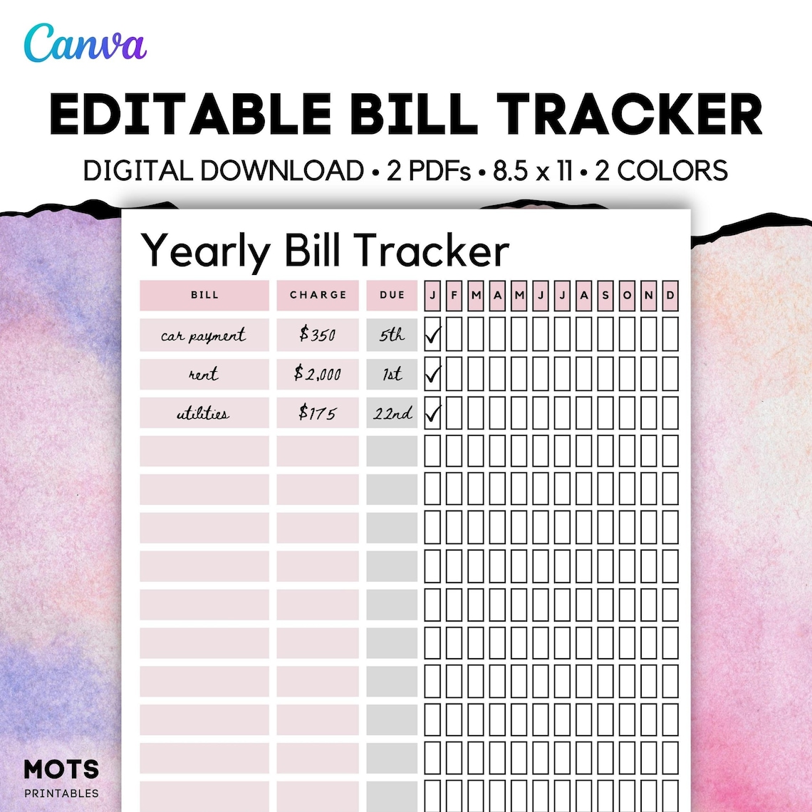 Editable & Printable Yearly Bill Tracker, Financial Planner, Bill ...