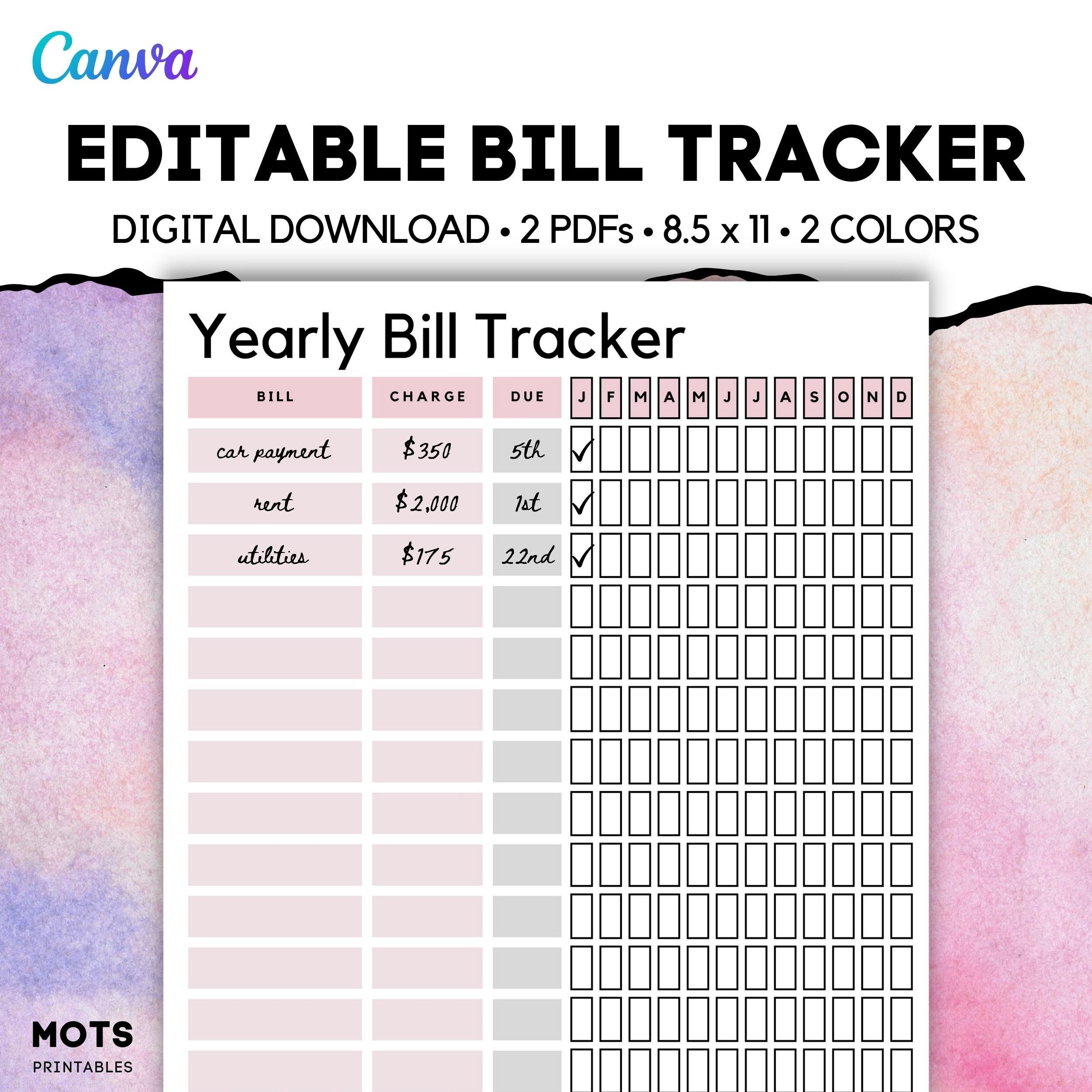 Editable & Printable Yearly Bill Tracker, Financial Planner, Bill ...