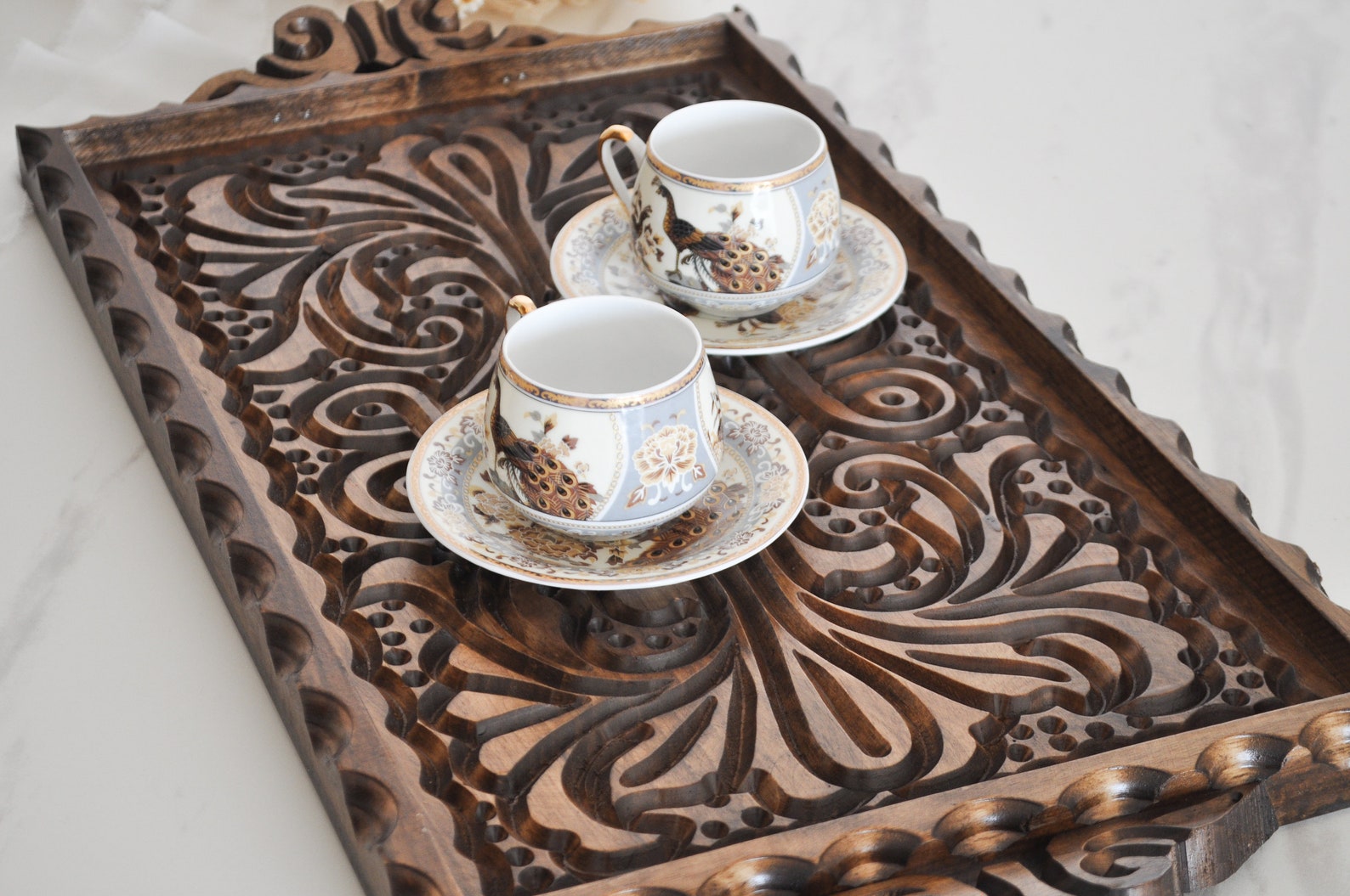 Flower Engraved Hand-carved Rustic Tray, Wooden Serving Tray, Wooden ...
