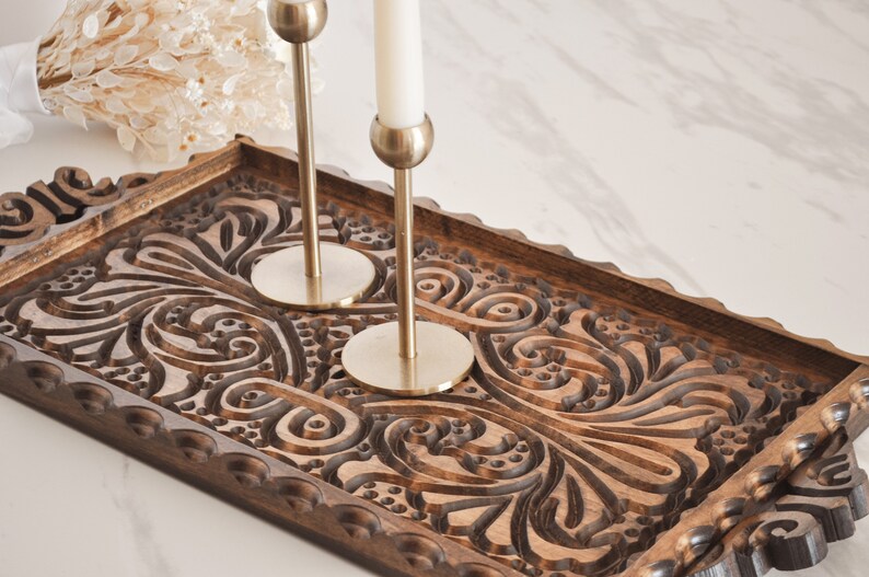 Flower Engraved Hand-carved Rustic Tray, Wooden Serving Tray, Wooden ...