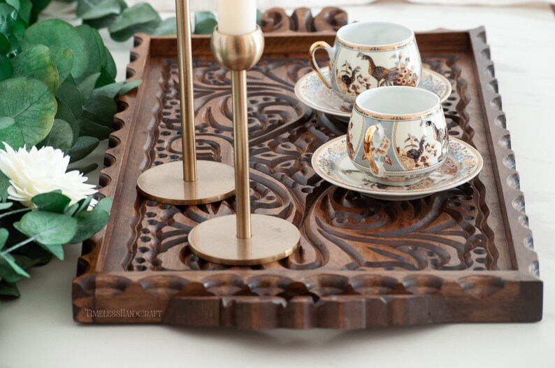 Flower Engraved Hand-carved Rustic Tray, Wooden Serving Tray, Wooden ...