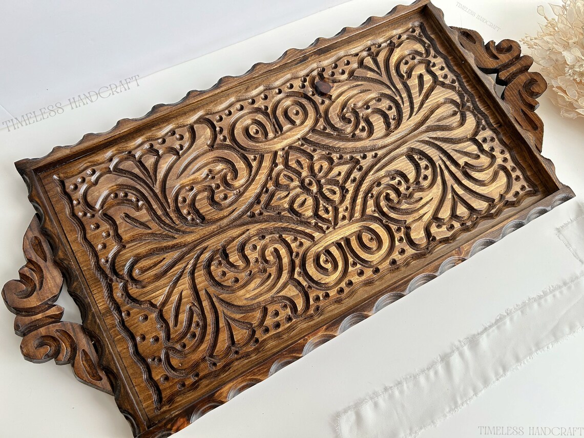Flower Engraved Hand-carved Rustic Tray, Wooden Serving Tray, Wooden ...