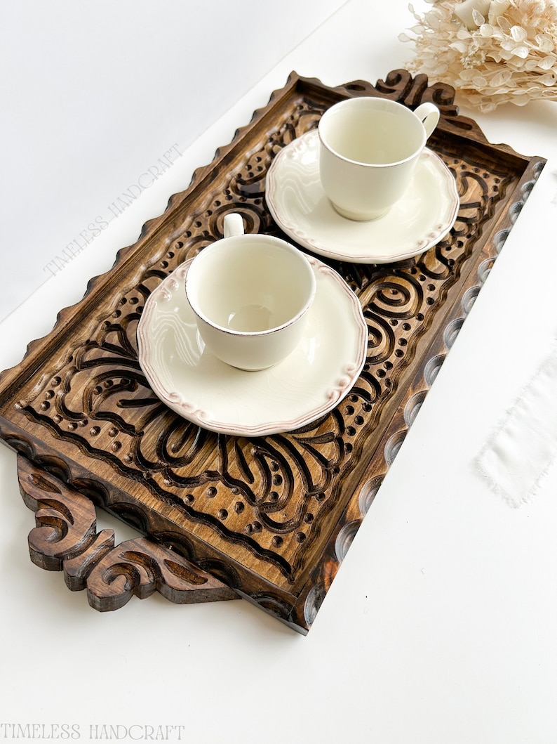Flower Engraved Hand-carved Rustic Tray, Wooden Serving Tray, Wooden ...