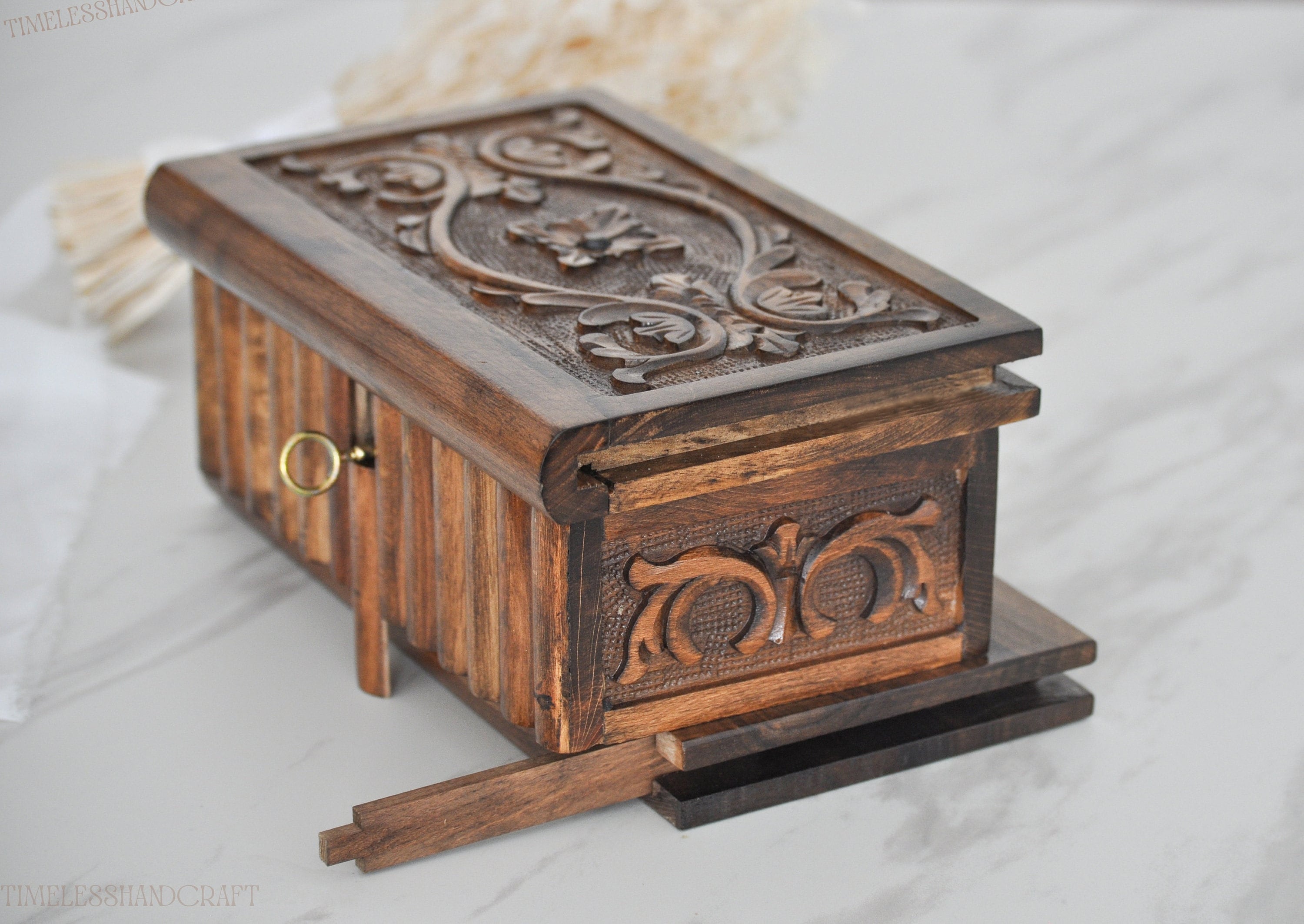 Puzzle Box With Secret Key, Hand Carved Walnut Box, Vintage Jewelry Box ...