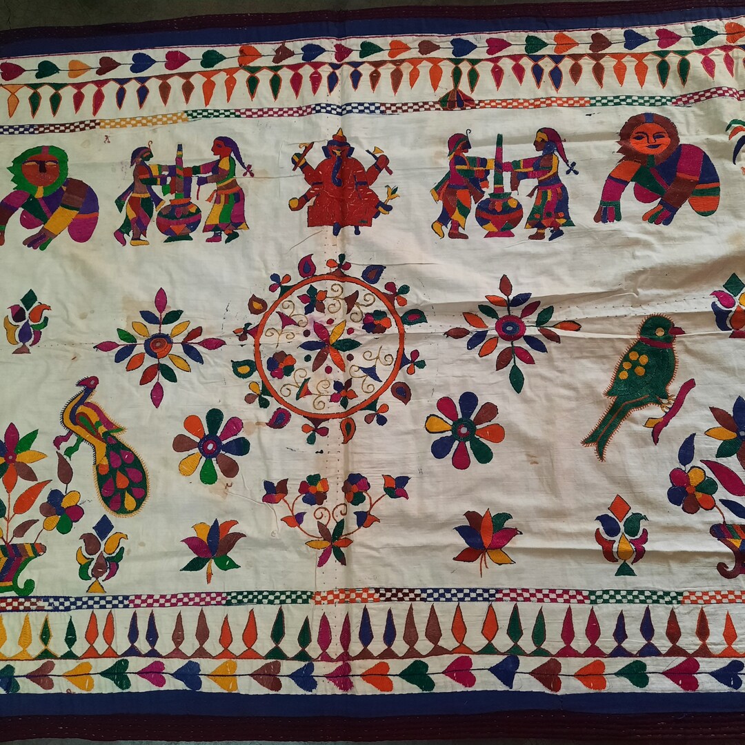 Vintage Textile Kutch Work Textile Wall Hanging Table Cover Kutch ...