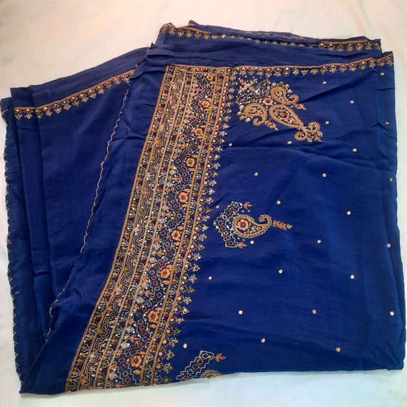 crepe saree/sari handwork saree blue saree with blous… - Gem