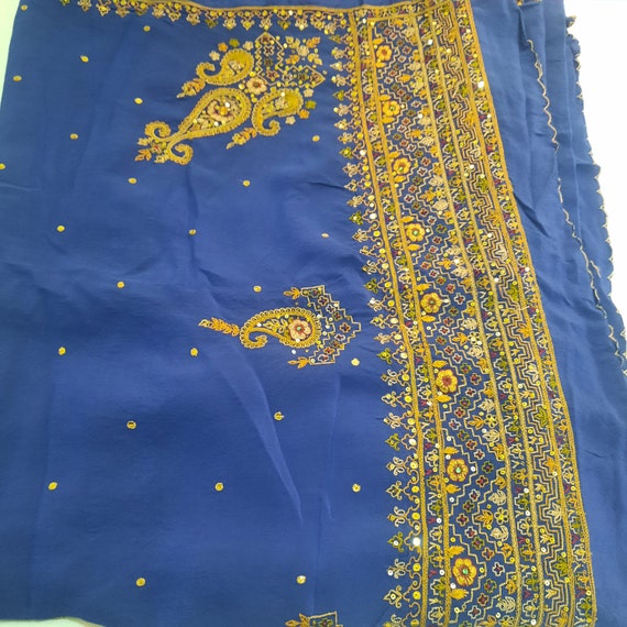 crepe saree/sari handwork saree blue saree with blous… - Gem