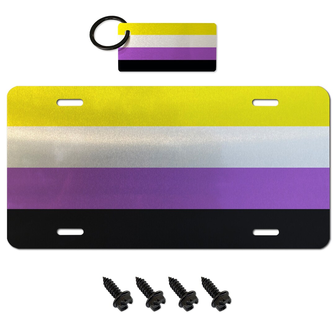 Brushed Aluminum Non-binary Flag License Plate and Keychain 4 Black ...