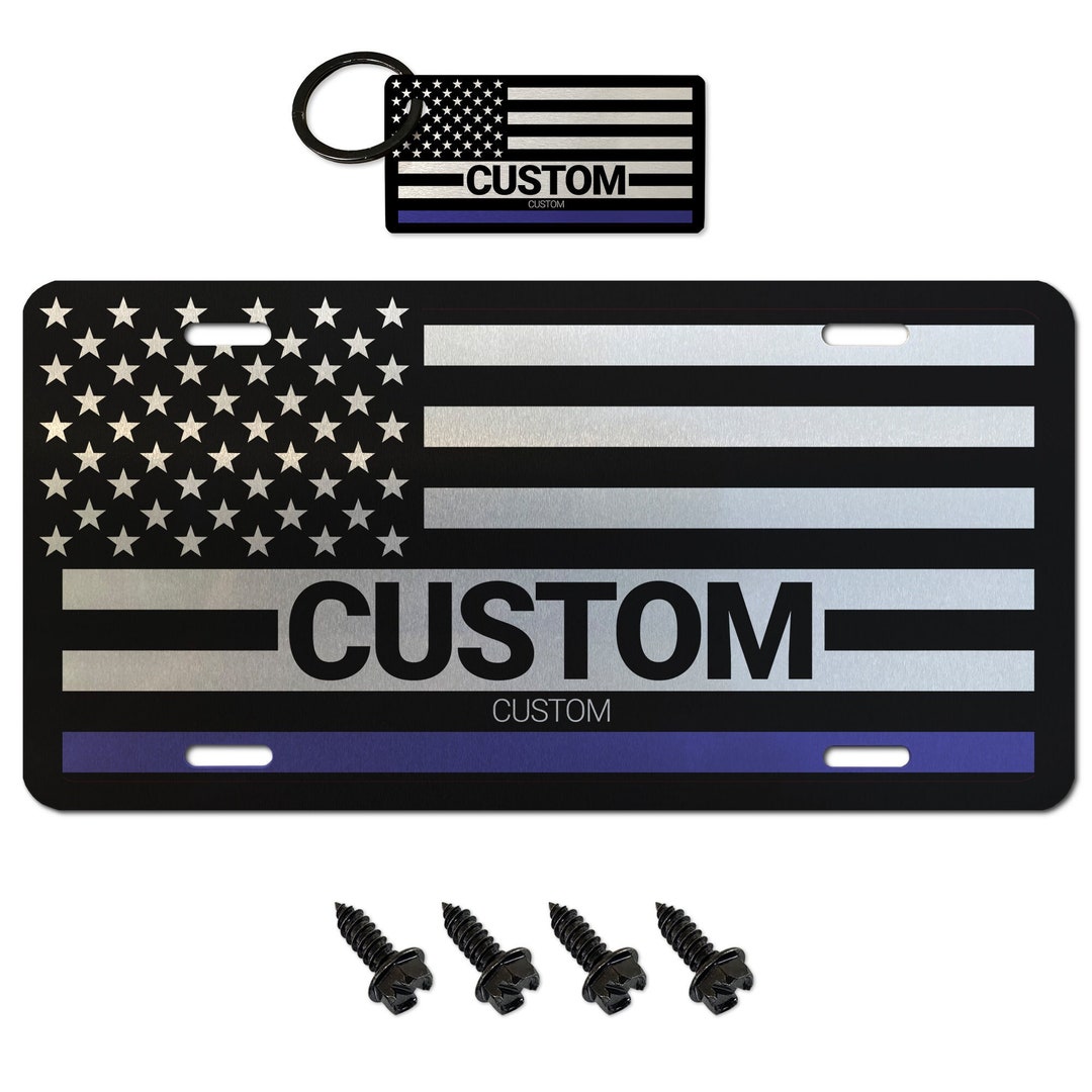 Custom Blue Line American Flag License Plate + 4 Black License Plate ...