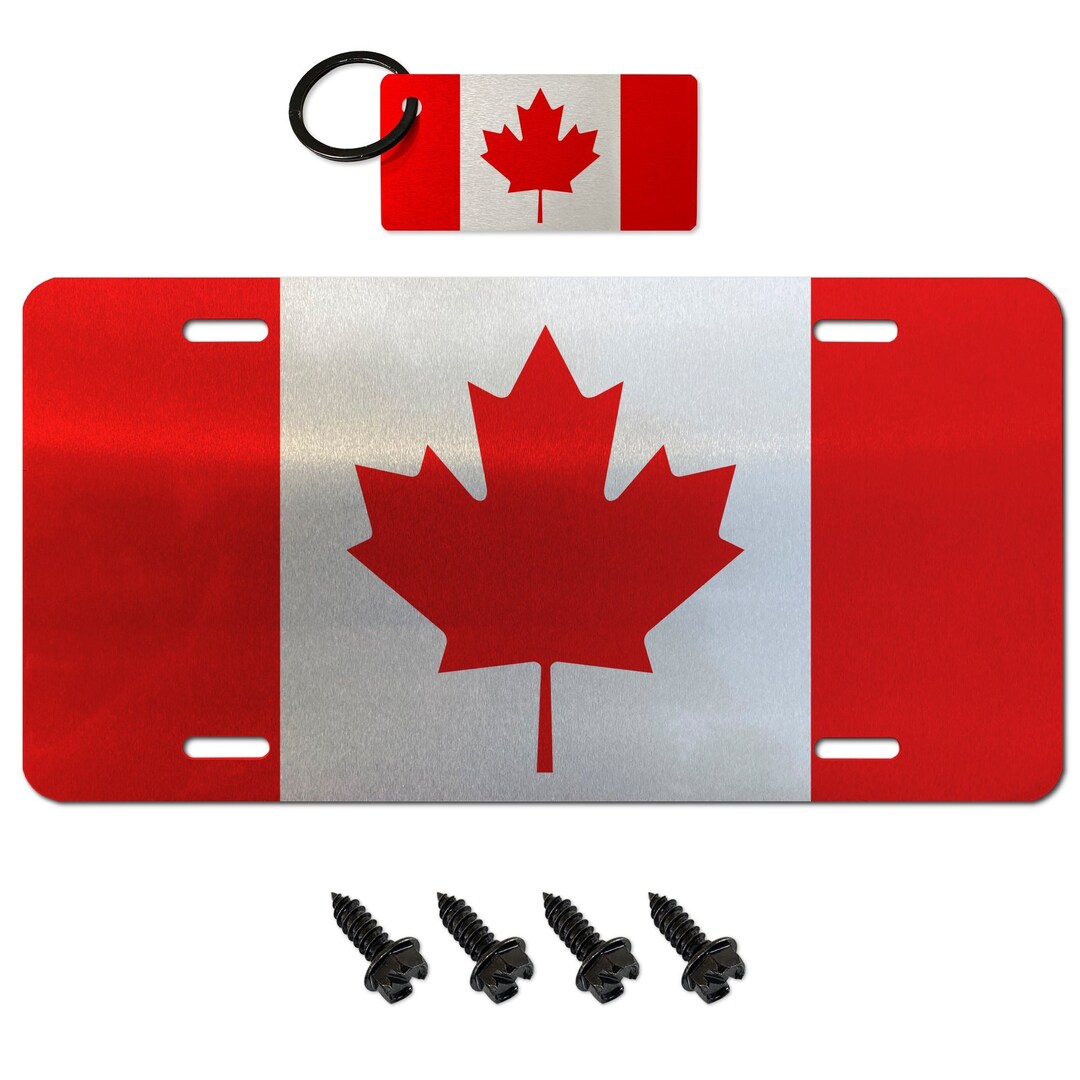 Brushed Aluminum Canadian Flag License Plate and Keychain + 4 Black ...