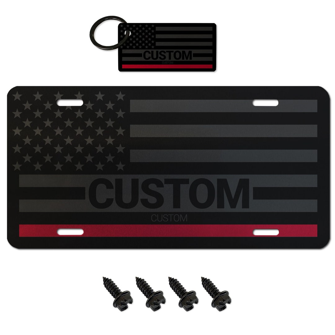 Custom Red Line Tactical American Flag License Plate + 4 Black License ...