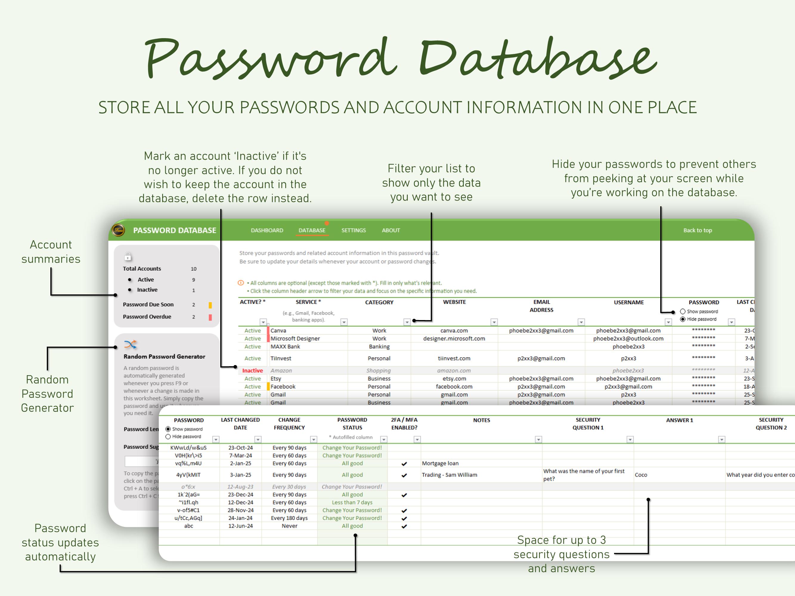 Password Tracker: Excel Template for Account Manager Spreadsheet - Etsy