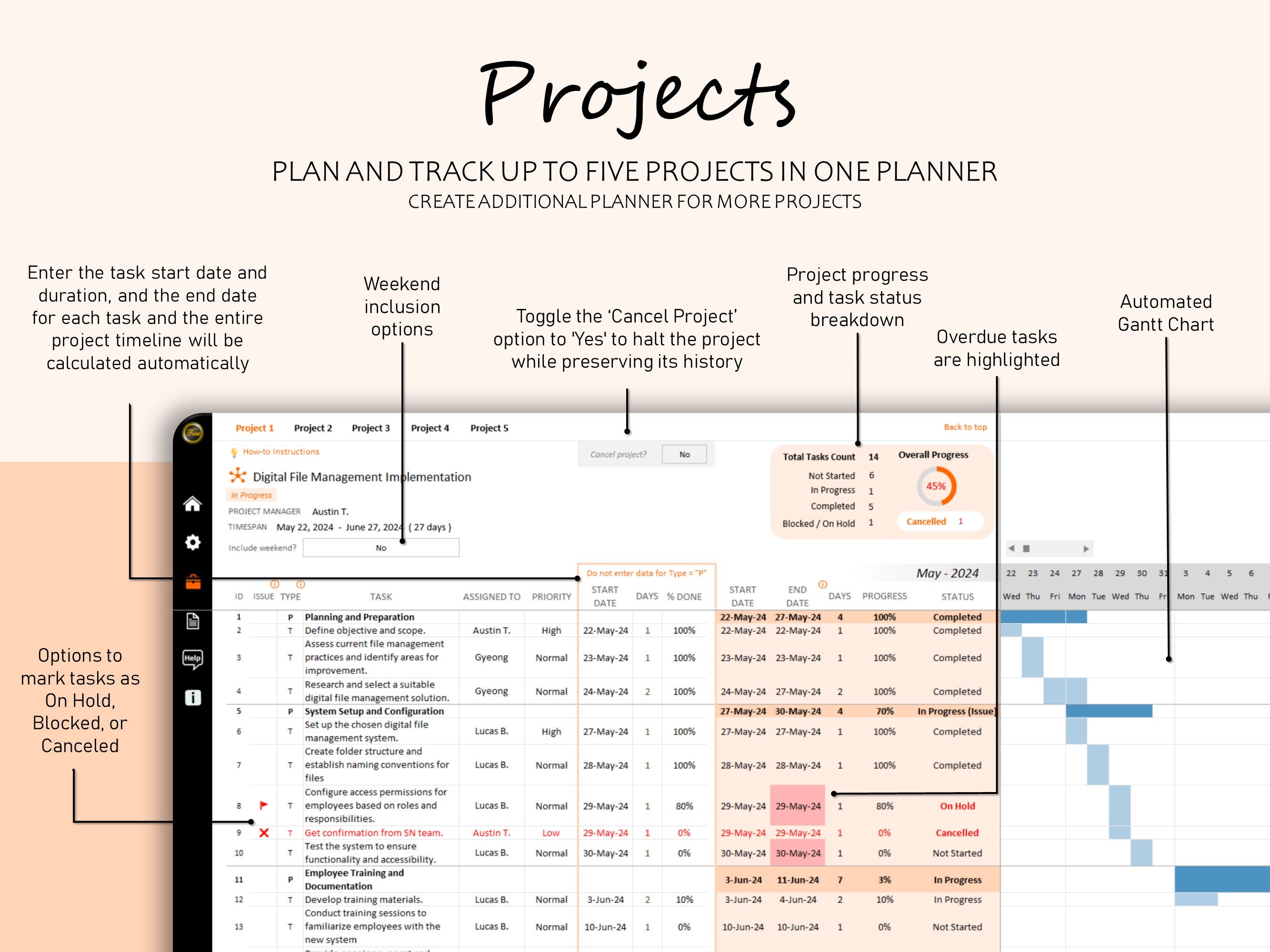 Project Planner, Project Tracker, Project Management Template, Gantt ...