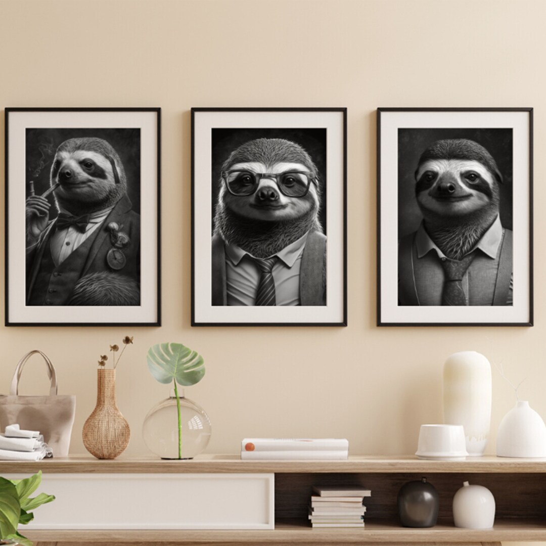 Set of 4 Sloth Printables, Sloth Wall Art, Monochrome Sloth, Funny ...