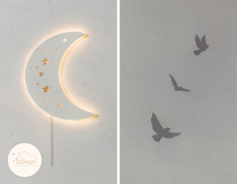 Set of 3 Wall Night Lights – Moon and Clouds Nursery Lamps – LED Kids ...
