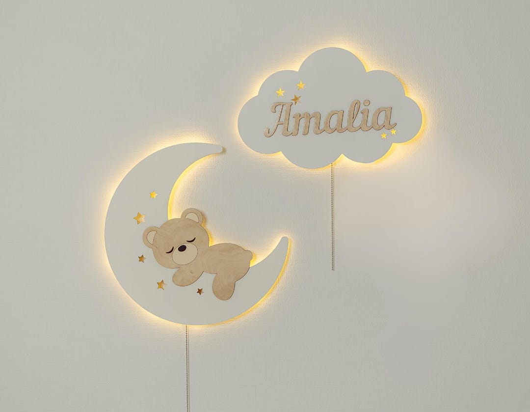 Luz noturna personalizada de nuvem e lua - Luminária de parede LED para ...