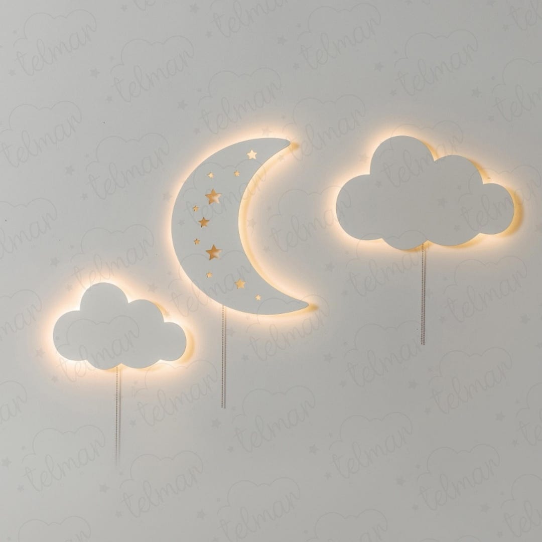 Set of 3 Wall Night Lights – Moon and Clouds Nursery Lamps – LED Kids ...