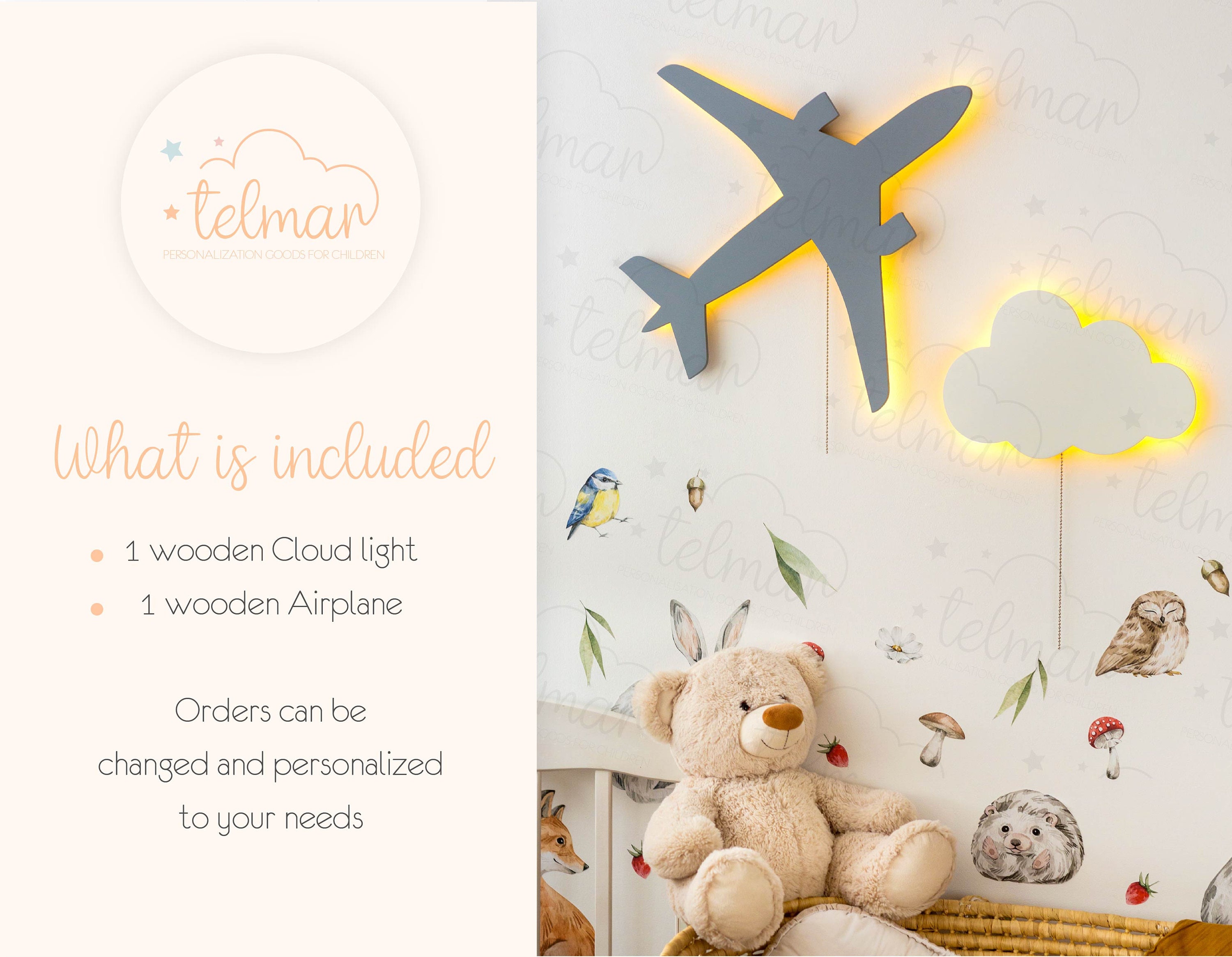 Set of 2 Nursery Wall Lighting , Airplane Light , Airplane and Cloud ...