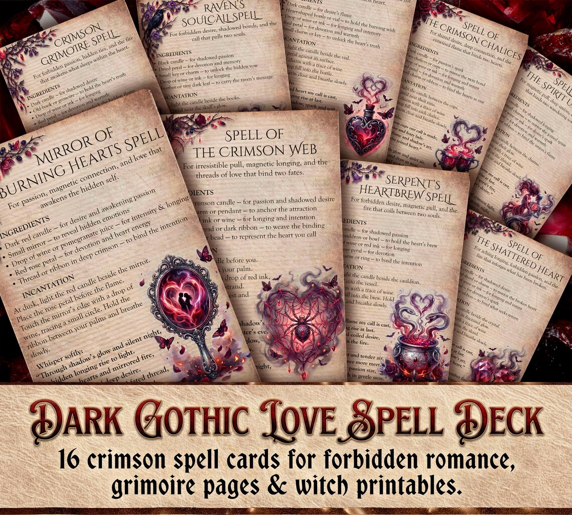 Dark Love Spell Cards • 16 Crimson Romance Spells • Gothic Grimoire ...