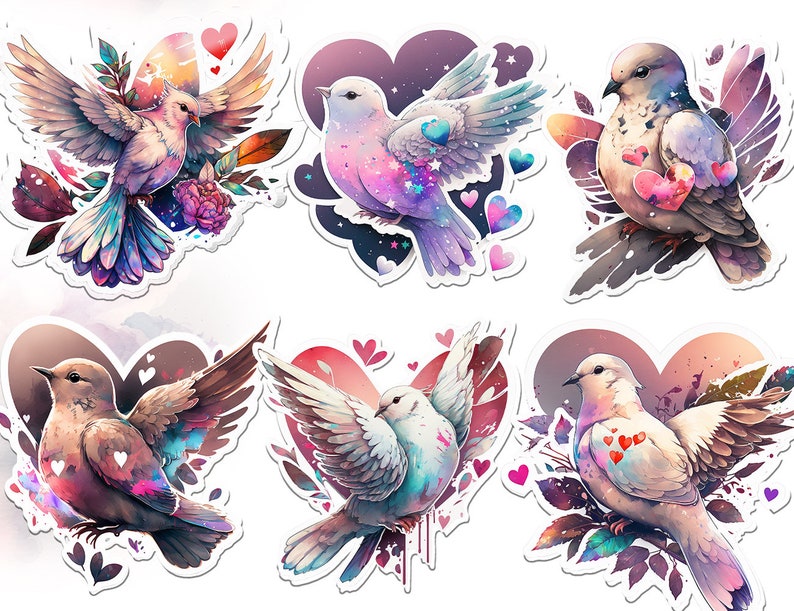 Watercolor Wedding Clipart Stickers Doves of Love,hearts, for Valentine ...